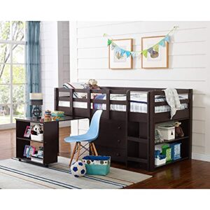 naomi home twin size loft bed with desk low study kids twin loft bed with storage pine wood loft bed for kids twin loft bed with cabinet ladder, safety guard rails, bookcase shelf, espresso