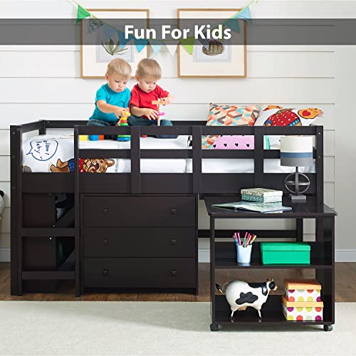 Naomi Home Twin Size Loft Bed with Desk Low Study Kids Twin Loft Bed with Storage Pine Wood Loft Bed for Kids Twin Loft Bed with Cabinet Ladder, Safety Guard Rails, Bookcase Shelf, Espresso