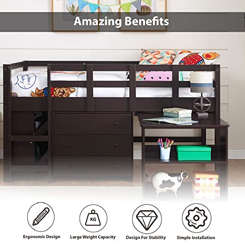 Naomi Home Twin Size Loft Bed with Desk Low Study Kids Twin Loft Bed with Storage Pine Wood Loft Bed for Kids Twin Loft Bed with Cabinet Ladder, Safety Guard Rails, Bookcase Shelf, Espresso