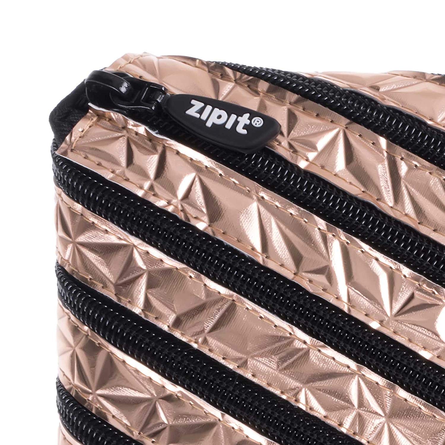 ZIPIT Metallic Large Pencil Case for Girls, Large Capacity Pouch, Holds Up to 60 Pens, Made of One Long Zipper! (Rose Gold)