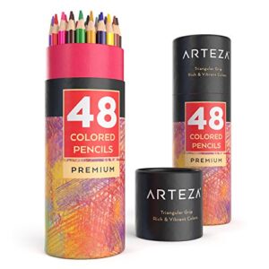 arteza colored pencils for adult coloring, 48 colors, soft drawing pencils, highly-pigmented, wax-based core, professional art supplies for artists, pencil set for adults and teens