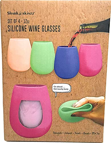 Shark Skizz Silicone Wine Glasses, 4 Count (Pack of 1), Pink, Purple, Orange, and Lime