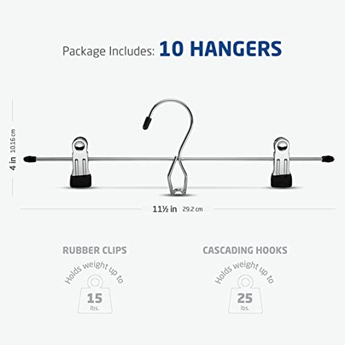 Zober Metal Skirt Hangers - Pack of 10 Pants Hangers with Clips - Multi Stackable Space Saving Hangers - Adjustable Clip for Skirts, Jeans, and Pants W/Non-Slip Grip