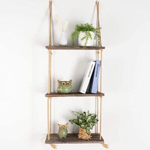 timeyard decorative wall hanging shelf, 3 tier distressed wood jute rope floating shelves, rustic home wall décor