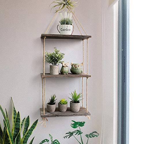 TIMEYARD Decorative Wall Hanging Shelf, 3 Tier Distressed Wood Jute Rope Floating Shelves, Rustic Home Wall Décor