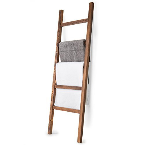 MyGift Rustic Brown Wood 4 ft Leaning Towel Ladder Rack for Bathroom Storage with 5 Hanging Rungs, Farmhouse Style Blanket and Quilt Display Ladder