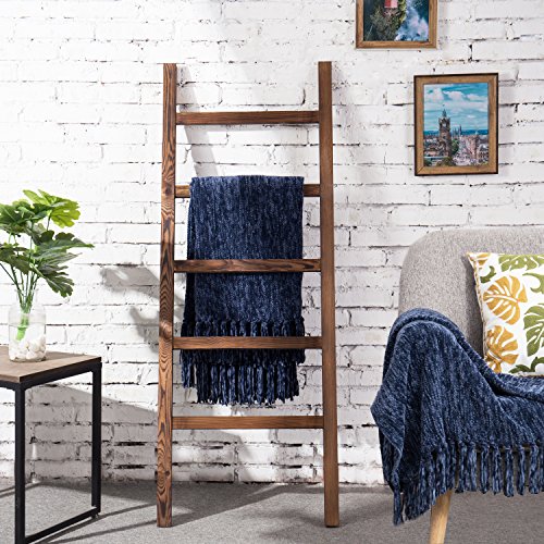 MyGift Rustic Brown Wood 4 ft Leaning Towel Ladder Rack for Bathroom Storage with 5 Hanging Rungs, Farmhouse Style Blanket and Quilt Display Ladder