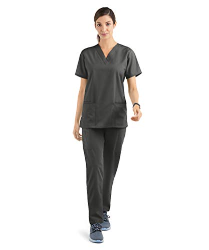 Strictly Scrubs Women’s Scrub Set – Includes V-Neck Top and Elastic Pant (Medium, Pewter)