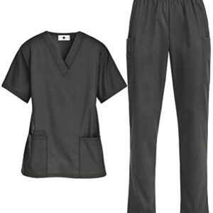 Strictly Scrubs Women’s Scrub Set – Includes V-Neck Top and Elastic Pant (Medium, Pewter)