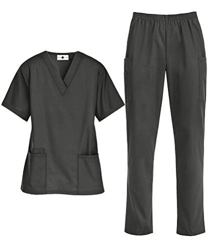 Strictly Scrubs Women’s Scrub Set – Includes V-Neck Top and Elastic Pant (Medium, Pewter)