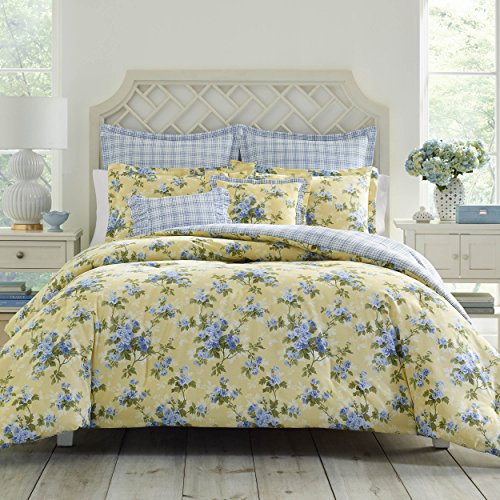 Laura Ashley - Queen Comforter Set, Cotton Reversible Bedding, Includes Matching Shams with Bonus Euro Shams & Throw Pillows (Cassidy Yellow, Queen)