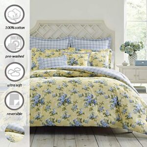 Laura Ashley - Queen Comforter Set, Cotton Reversible Bedding, Includes Matching Shams with Bonus Euro Shams & Throw Pillows (Cassidy Yellow, Queen)