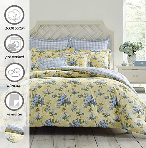 Laura Ashley - Queen Comforter Set, Cotton Reversible Bedding, Includes Matching Shams with Bonus Euro Shams & Throw Pillows (Cassidy Yellow, Queen)