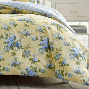 Laura Ashley - Queen Comforter Set, Cotton Reversible Bedding, Includes Matching Shams with Bonus Euro Shams & Throw Pillows (Cassidy Yellow, Queen)