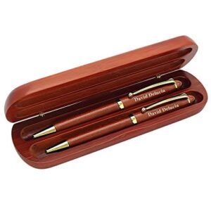 Executive Gift Shoppe | Personalized Cherrywood Double Pen Set | 2 Twist Open Ballpoint Pens | Polished Gold Tips, Barrels, Clips | Free Engraving | Perfect Business Gift | Cherrywood Presentation Box