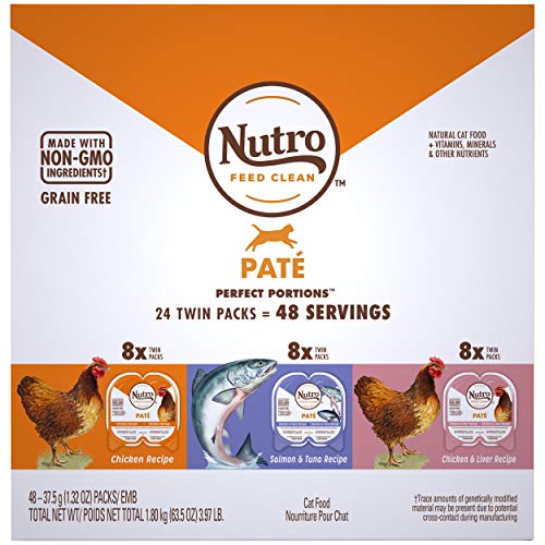 NUTRO Grain Free Natural Adult Wet Cat Food Paté, Chicken Recipe, Salmon & Tuna Recipe, and Chicken & Liver Recipe Variety Pack, 2.64 oz. PERFECT PORTIONS Twin-Pack Trays, 48 Count