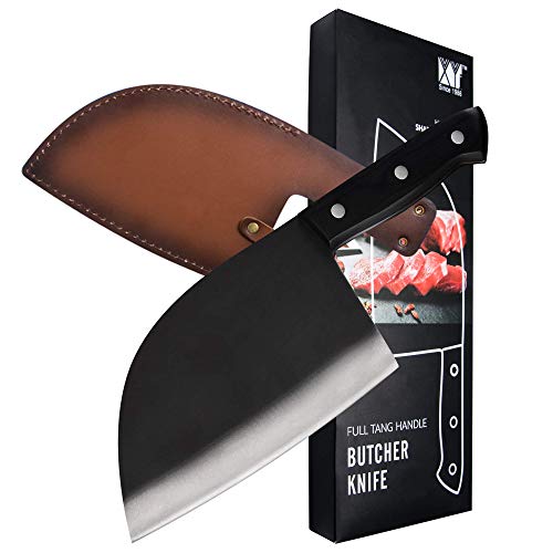 XYJ Kitchen Knife Camping Knife Full Tang Butcher Knife 3cr13 Stainless Steel Serbian Chef Knife Meat Vegetable Knives Leather Sheath with Belt Loop Easy Carry