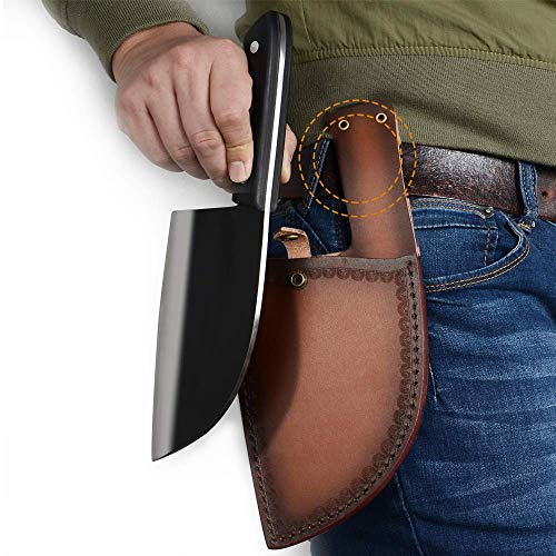 XYJ Kitchen Knife Camping Knife Full Tang Butcher Knife 3cr13 Stainless Steel Serbian Chef Knife Meat Vegetable Knives Leather Sheath with Belt Loop Easy Carry