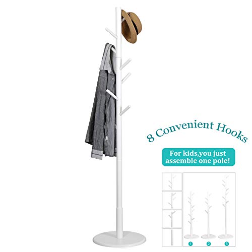 Vlush Wooden Coat Rack Free Standing, Coat Hat Tree Coat Hanger Holder Stand with Round Base for Clothes,Scarves,Handbags,Umbrella-(8 Hooks, Ivory White)