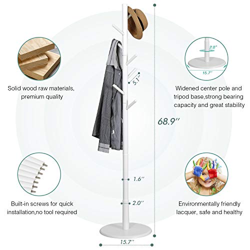 Vlush Wooden Coat Rack Free Standing, Coat Hat Tree Coat Hanger Holder Stand with Round Base for Clothes,Scarves,Handbags,Umbrella-(8 Hooks, Ivory White)