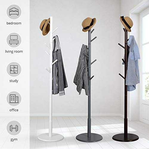 Vlush Wooden Coat Rack Free Standing, Coat Hat Tree Coat Hanger Holder Stand with Round Base for Clothes,Scarves,Handbags,Umbrella-(8 Hooks, Ivory White)