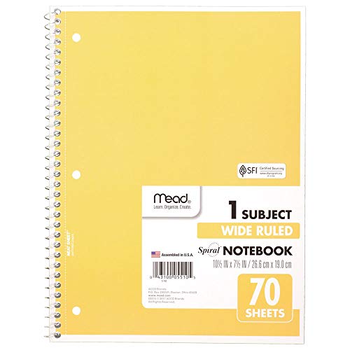 Mead Spiral Notebook, 1 Subject, Wide Ruled Paper, 70 Sheets, 10-1/2 x 8 inches, Yellow (05510AZ7)