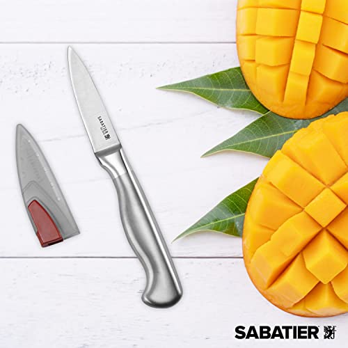 Sabatier Forged Stainless Steel Paring Knife with Self-Sharpening Blade Cover, 3.5-Inch, Razor-Sharp Small Kitchen Knife to Cut Fruit, Vegetables and more- High-Carbon Stainless Steel, Stainless Steel