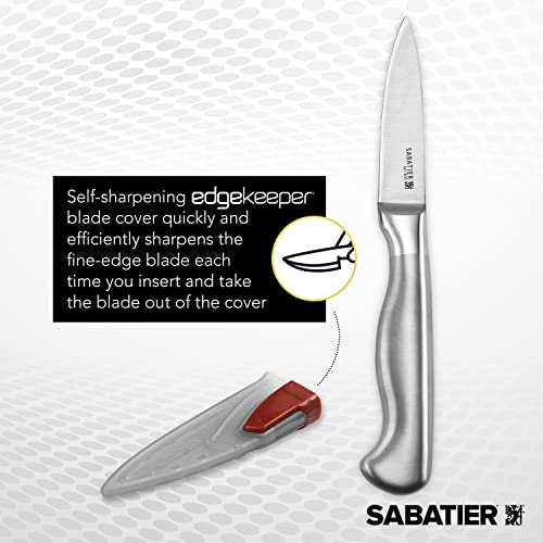 Sabatier Forged Stainless Steel Paring Knife with Self-Sharpening Blade Cover, 3.5-Inch, Razor-Sharp Small Kitchen Knife to Cut Fruit, Vegetables and more- High-Carbon Stainless Steel, Stainless Steel