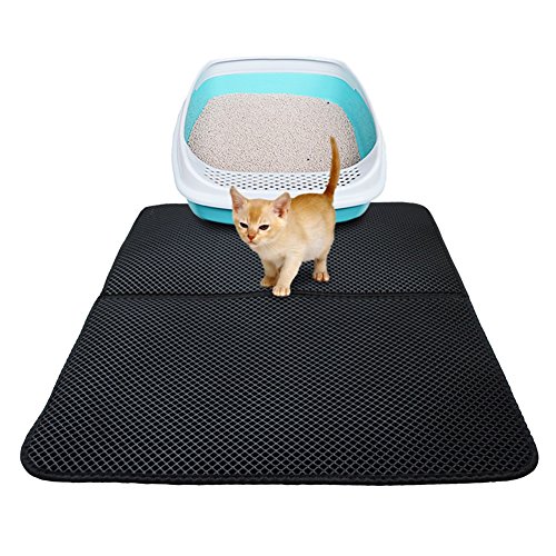 WOWOWMEOW Pet Double Layer Cat Litter Mat Honeycomb Cat Litter Trapper with Waterproof Base (L- 21'' x 27'', Black)