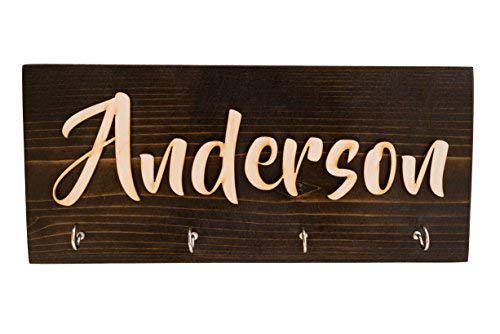 PLS Market Personalized Wall Key Hanger Unique Custom Key Ring & Jewelry Rack Holder - Customize with Your Name | Dark Rustic Natural Wood 4 Hooks Decorative Kitchen, Garage, Living, Closet