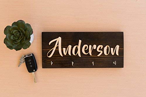 PLS Market Personalized Wall Key Hanger Unique Custom Key Ring & Jewelry Rack Holder - Customize with Your Name | Dark Rustic Natural Wood 4 Hooks Decorative Kitchen, Garage, Living, Closet