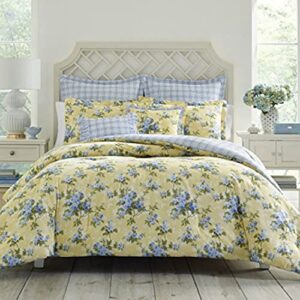 laura ashley - king comforter set, cotton reversible bedding, includes matching shams with bonus euro shams & throw pillows (cassidy yellow, king)