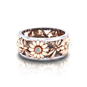 Meolin Sunflower Ring Chrysanthemum Ring Wedding Ring Statement Stackable Band Ring Eternity Cocktail Band (Size/6/7/8/9/10),Rose Gold,Size 7