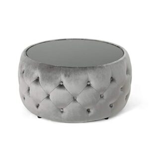 christopher knight home ivy glam velvet and tempered glass coffee table ottoman, smoke, black