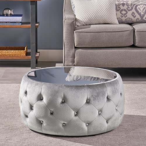 Christopher Knight Home Ivy Glam Velvet and Tempered Glass Coffee Table Ottoman, Smoke, Black