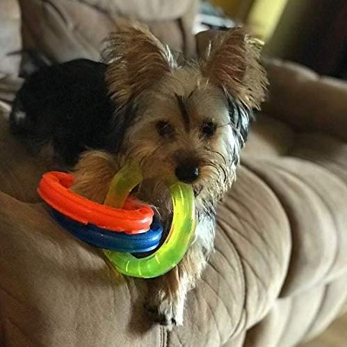 Nerf Dog Rubber 3-Ring Tug Dog Toy, Lightweight, Durable and Water Resistant, 10.5 Inches, for Medium/Large Breeds, Single Unit, Blue/Green/Orange