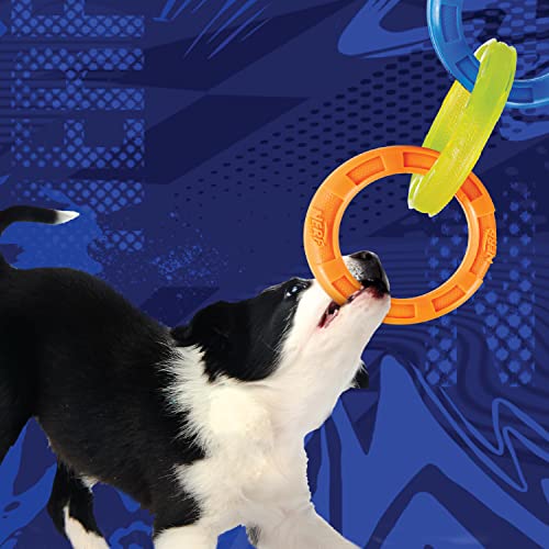 Nerf Dog Rubber 3-Ring Tug Dog Toy, Lightweight, Durable and Water Resistant, 10.5 Inches, for Medium/Large Breeds, Single Unit, Blue/Green/Orange