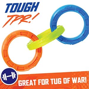 Nerf Dog Rubber 3-Ring Tug Dog Toy, Lightweight, Durable and Water Resistant, 10.5 Inches, for Medium/Large Breeds, Single Unit, Blue/Green/Orange