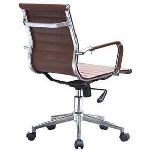 2xhome Modern Office Desk Chair Mid Back Ribbed PU Leather Conference Task Armchair with Swivel Tilt & Adjustable Height, Brown