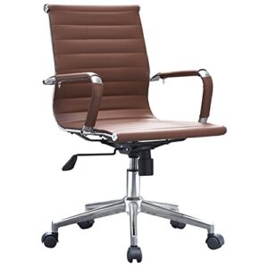 2xhome Modern Office Desk Chair Mid Back Ribbed PU Leather Conference Task Armchair with Swivel Tilt & Adjustable Height, Brown