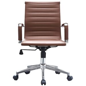 2xhome Modern Office Desk Chair Mid Back Ribbed PU Leather Conference Task Armchair with Swivel Tilt & Adjustable Height, Brown