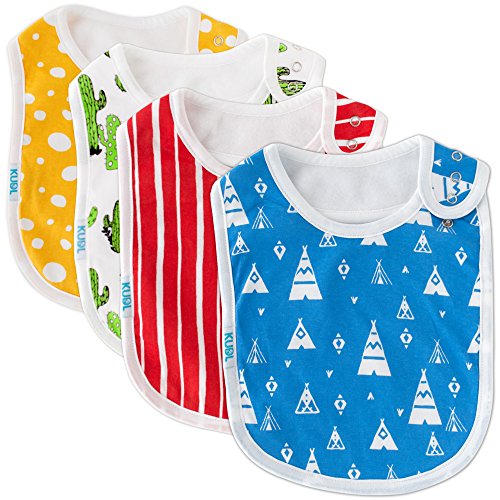 KUDL Baby Bibs Large Burpy Cloth 4 Pack Gift Set Soft Absorbent Feeding Reflux Drool Teething Bibs, Adjustable Snap Buttons, Funny Designs for Boys & Girls - Desert