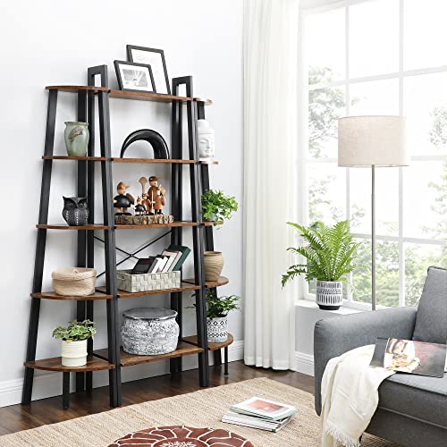 VASAGLE Industrial Bookcase, 5-Tier Corner Shelf, Plant Stand Wood Look Accent Furniture with Metal Frame for Home and Office ULLS35X, 12.8 x 13.4 x 62.6 Inches, Rustic Brown