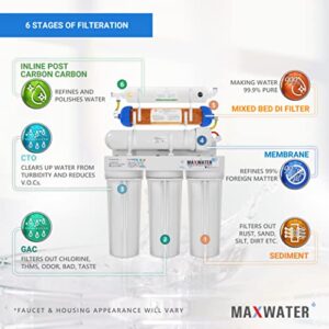 Max Water 6 Stage 100 GPD (Gallon Per Day) RODI (Reverse Osmosis Deionization) Water Filtration System for Aquarium