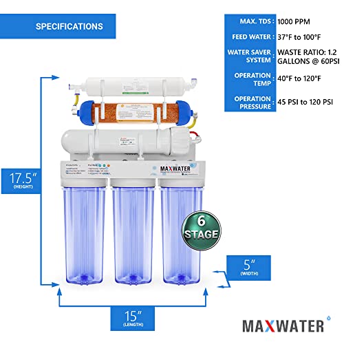 Max Water 6 Stage 100 GPD (Gallon Per Day) RODI (Reverse Osmosis Deionization) Water Filtration System for Aquarium