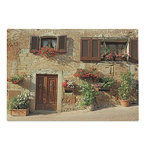 Lunarable Tuscan Cutting Board, Picturesque Lane with Mediterranean Architecture Flowers Italian Town, Decorative Tempered Glass Cutting and Serving Board, Large Size, Pale Brown