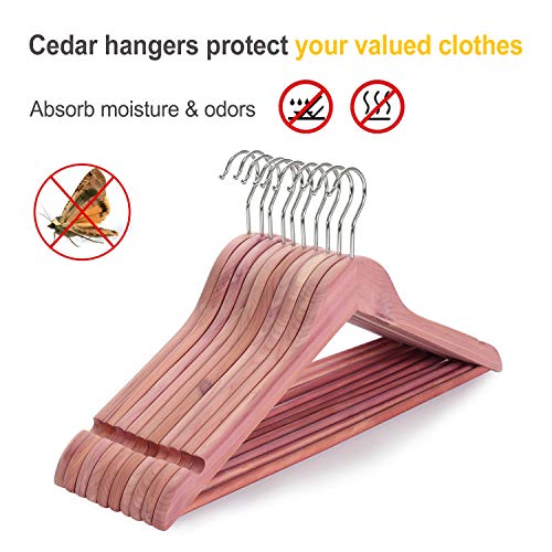 TOPIA HANGER American Red Cedar Wood Coat Hangers, Wooden Suit Hangers, 10 Pack-Natural, Smooth Cut Notches- 360°Flexible Hook- Solid Non-Slip Bar - CT07C