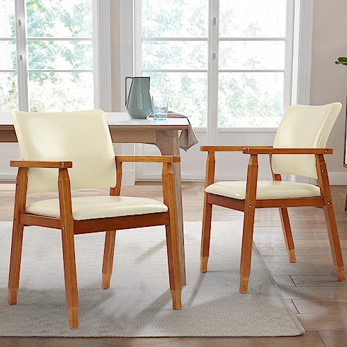 NOBPEINT Mid-Century Dining Side Chair with Faux Leather Seat in Tan, Arm Chair in Walnut,Set of 2