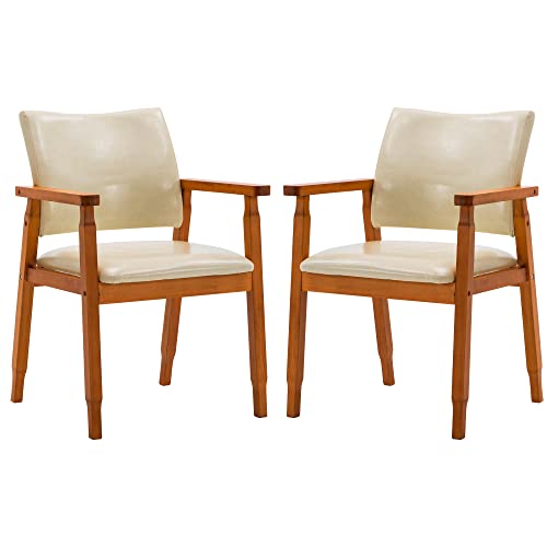 NOBPEINT Mid-Century Dining Side Chair with Faux Leather Seat in Tan, Arm Chair in Walnut,Set of 2