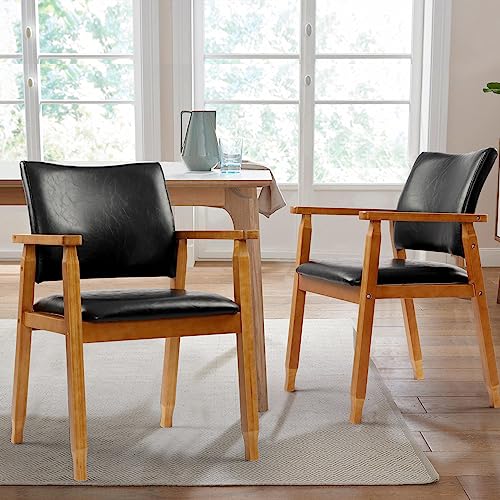 NOBPEINT Mid-Century Dining Side Chair with Faux Leather Seat in Black, Arm Chair in Walnut,Set of 2